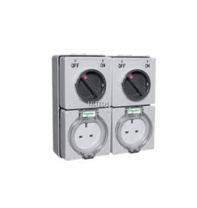 S56 Series - 250V 13A 3 Straight Pin Switched Socket, 2 Gang, Grey, IP66